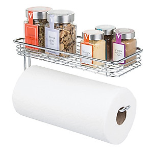 mDesign Paper Towel Holder with Spice Rack and Multi-Purpose Shelf - Wall Mount Storage Organizer for Kitchen, Pantry, Laundry, Garage - Durable Metal Wire Design - Chrome