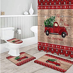 ZEREAA 4 Pcs Christmas Shower Curtain Set with Non-Slip Rugs, Toilet Lid Cover and Bath Mat, Bathroom Decor Set with 12 Hooks, Waterproof Fabric Bathroom Curtain, Truck