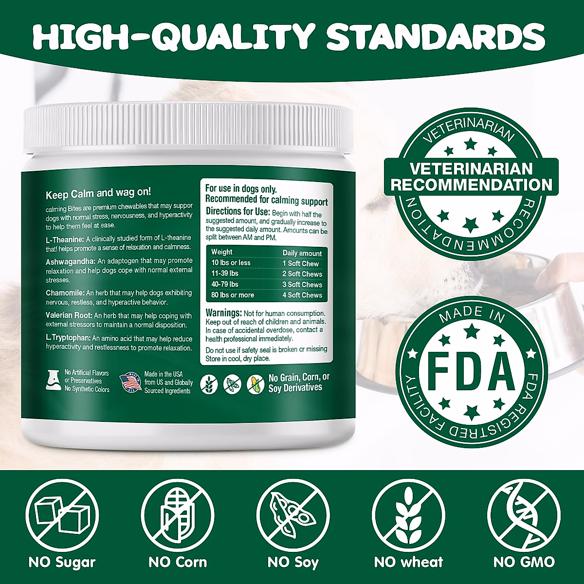 ziehooGe Dog Calming Chews - Anxiety Relief Treats, Hemp Chews for Dogs Separation, Stress Relief, Sleep Calming Aid Chicken Flavor Dog Supplements 120 Chews