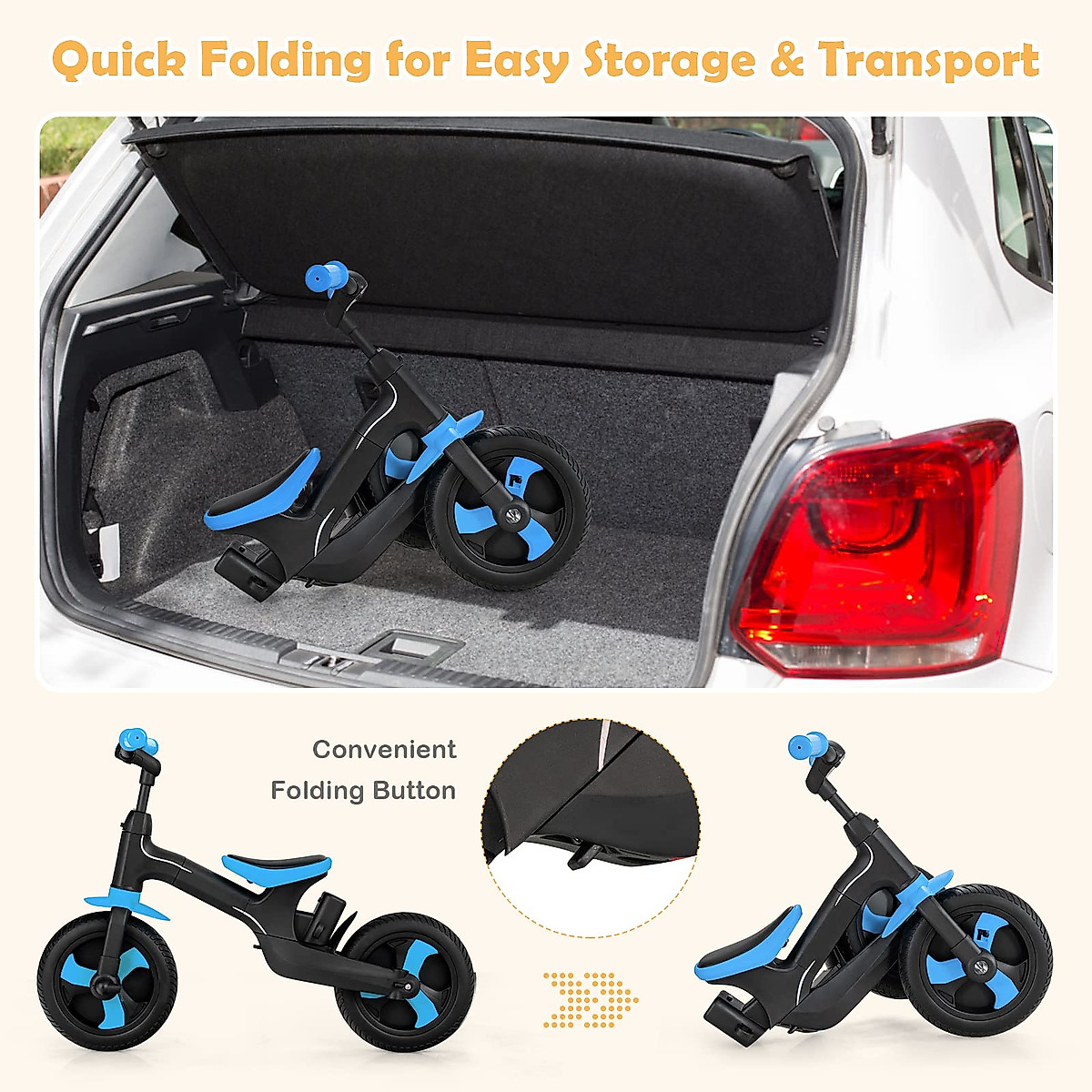 BABY JOY 5 in 1 Toddler Tricycle, Folding Kids Trike Baby Balance Bike w/Adjustable Steering Push Handle, Removable Pedals & Detachable Auxiliary Wheels, Ride-on Toy for 18-60 Months Boys Girls, Blue