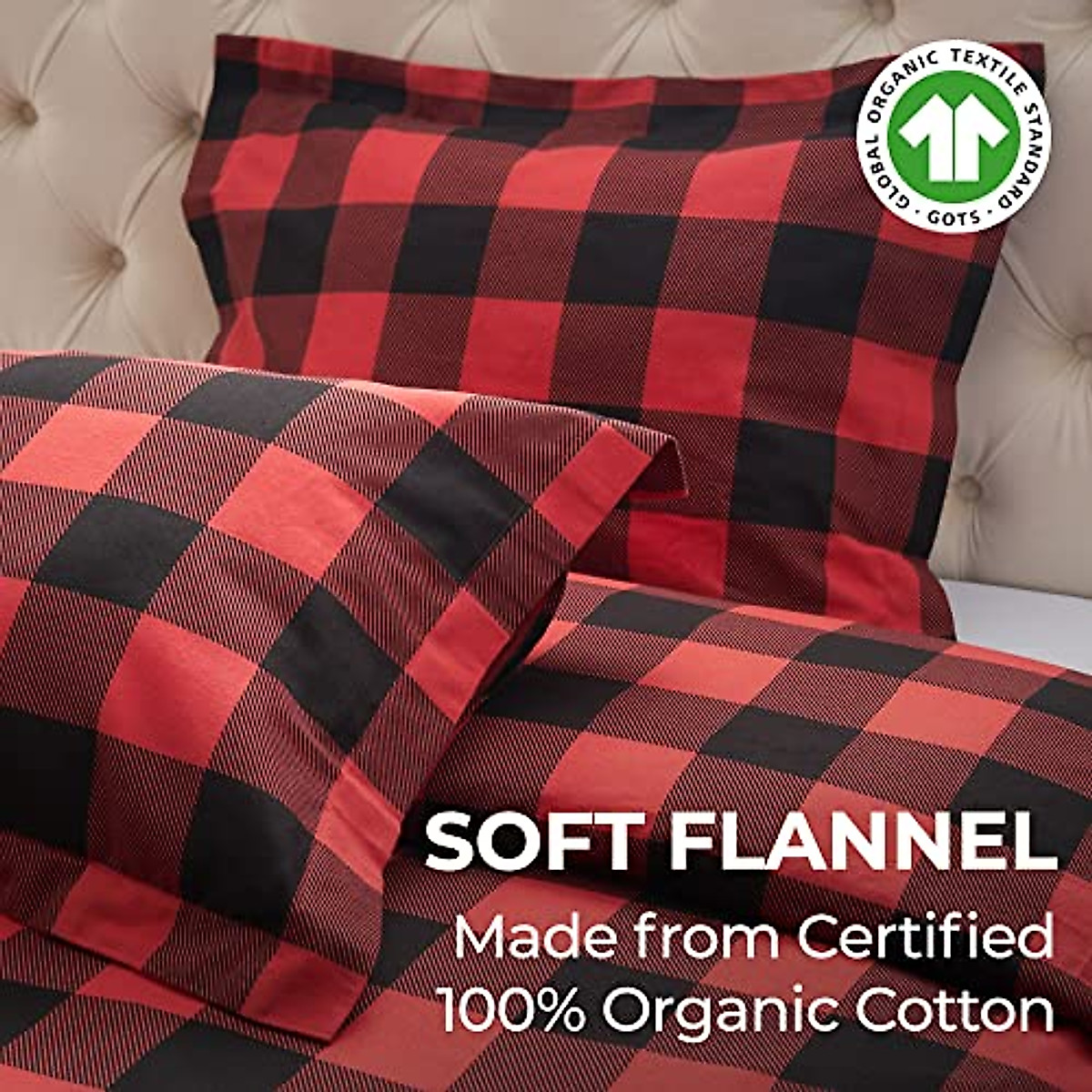 Mellanni Duvet Cover Queen Set - 100% Organic Cotton Buffalo Plaid Duvet Cover - Button Closure & Corner Ties - Organic Cotton Duvet Cover Set - Home Bedding (Queen, Red Buffalo Check)