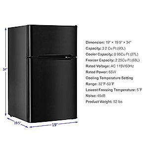 Toolsempire Mini Fridge,3.2 Cu.FT Compact Refrigerator with Freezer, Dual Door Refrigerator with Adjustable Temperature & Removable Glass Shelves, Mini Fridge for Dorm, Office, Bedroom, Kitchen(Black)