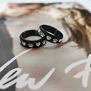 Lovely Dogs Paw Print Fidget Ring Stress Relieving Anti Spinner Rotate Freely Cute Animal Black Stainless Steel Promise Love Engagement Wedding Jewelry Birthday Xmas Valentine's Day Gift for Women