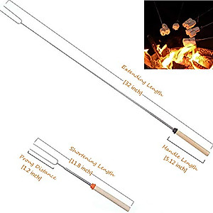 Suelasi Marshmallow Roasting Sticks 8 Pack Extendable 32 Inch Telescoping Marshmallow Skewers & Hot Dog Forks with Wooden Handle Storage Bag for Campfire BBQ Backyard Fire Pit
