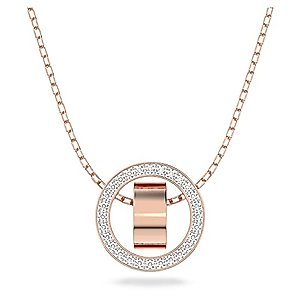 Swarovski Dextera Pendant Necklace with Double Circle Motif in Rose Gold Tone and White Crystal Pavé on a Rose Gold-Tone Finish Chain, Part of the Dextera Collection