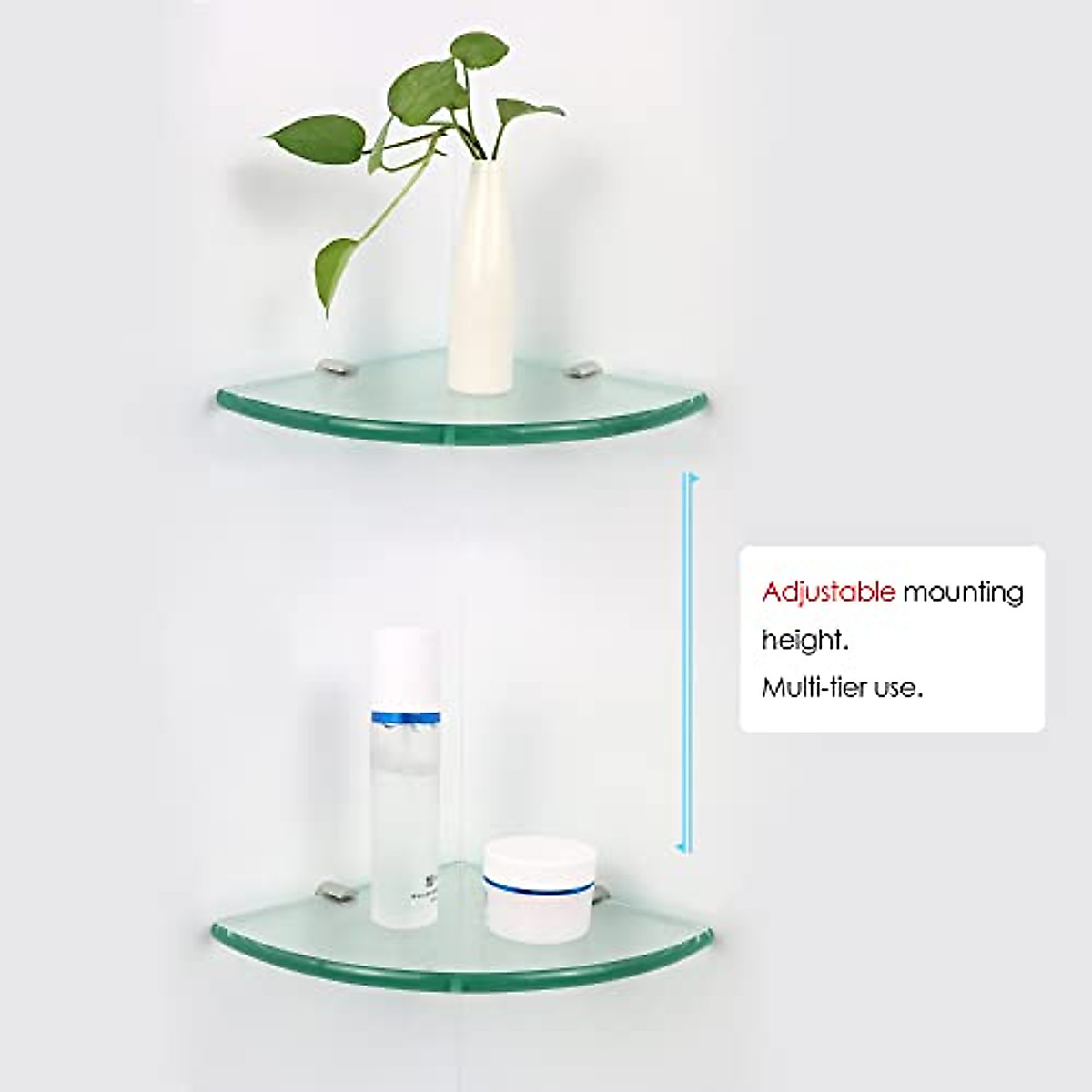 Bathroom Tempered Glass Shower Corner Shelf 12mm Thick Floating Wall Mounted Shelves for Home Decor 9"x9" Quarter Circle Shevling with SUS304 Bracket