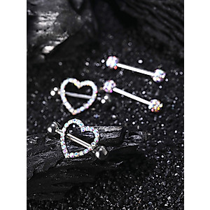 JOVITEC 2 Pairs Stainless Steel Nipple Ring CZ Barbell Rhinestone Nipple Studs for Nipple Tougue Body Piercing, 14 G (AB clolor)