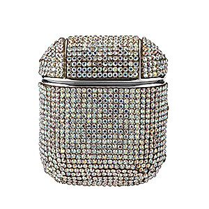 LAX Gadgets Air Pod Case for Protection - Compatible with 1st & 2nd Generation Apple AirPods- Lightweight Case with Key Ring - Easy to Use - Rhinestones Iridescent Chrome