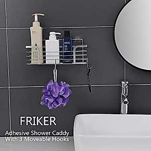 N+A Shower Caddy Kitchen Caddies Shelves Basket Bathroom Adhesive Storage Shelf No Drilling SUS304 Stainless Steel Toilet Shell with 3 Moveable Hooks for Hanging Razor Sponge