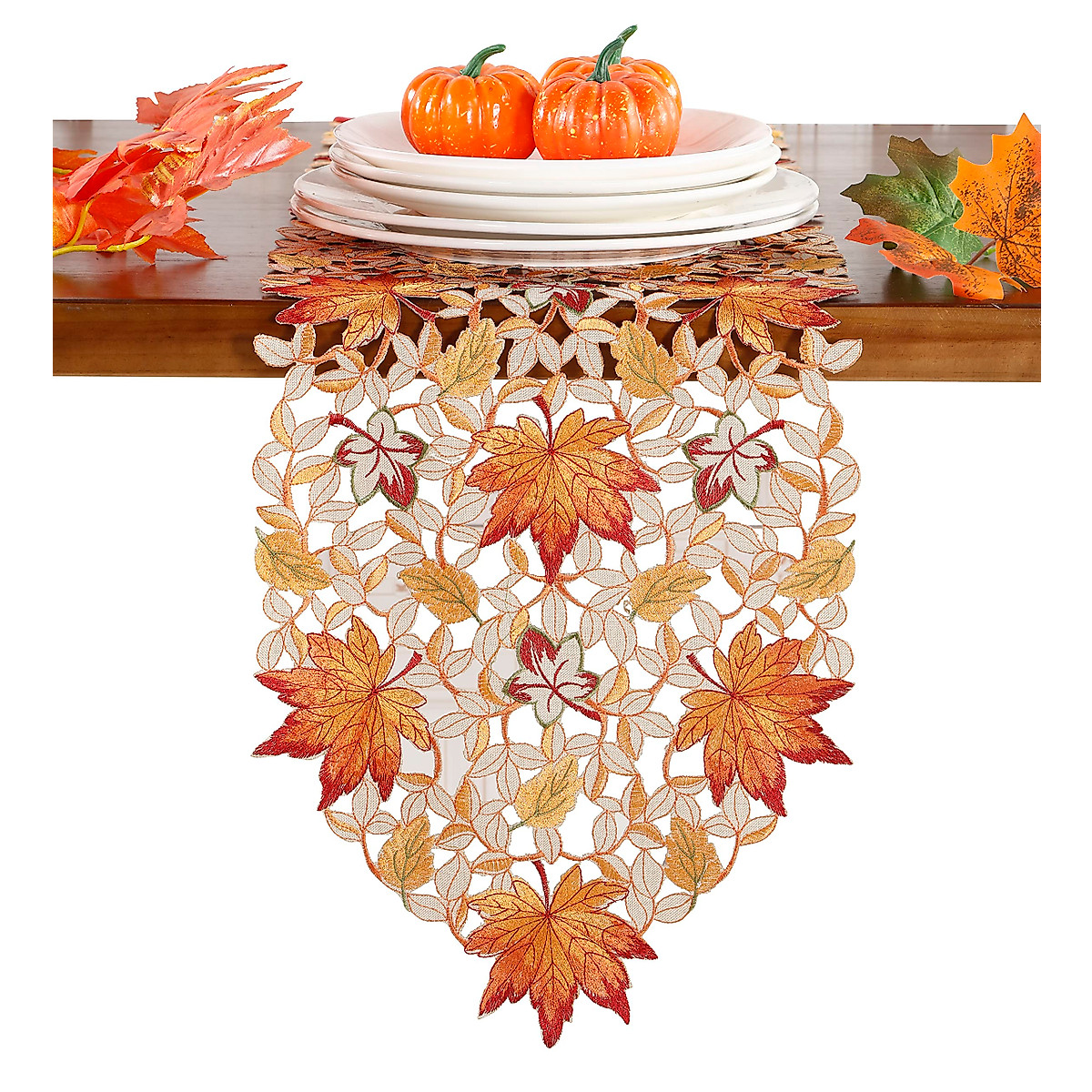GRANDDECO Thanksgiving Harvest Table Runner Embroidered Cutwork Maple Leaves Dresser Scarf Table Cover Autumn Or Fall Decorations (Table Runner 13"x34")