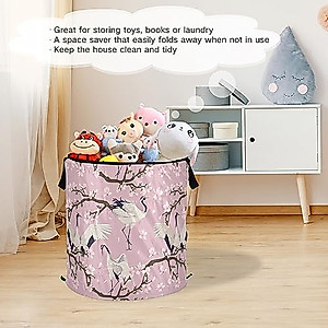 pnyoin 50L Large Popup Laundry Hamper Round with Zipper Lid Reinforced Handles Portable Collapsible Basket for Kids Room College Dorm Travel, Japanese Cranes and Magnolia