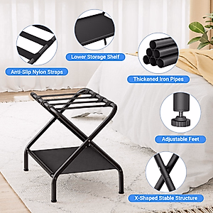 Jsluiiys Luggage Rack, Folding Luggage Stand, Collapsible Metal Luggage Holder, Heavy-Duty Suitcase Stand with Storage Shelf, Luggage Racks for Guest Room, Bedroom, Hotel Space Storage Rack, Black