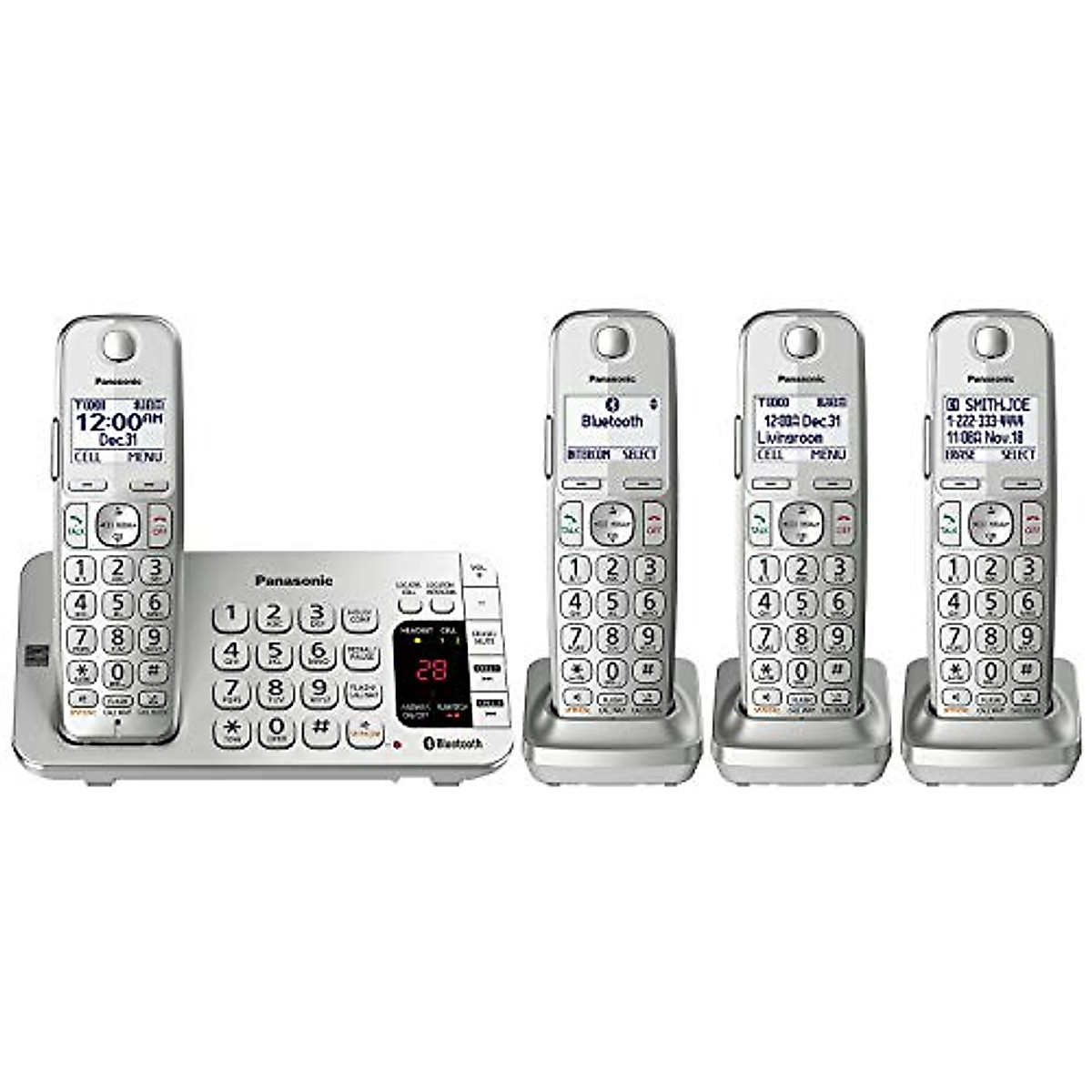 Panasonic Link2Cell Bluetooth Cordless DECT 6.0 Expandable Phone System with Answering Machine and Enhanced Noise Reduction - 4 Handsets - KX-TGE474S (Silver)