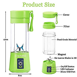 TopAufell Portable Blender,USB Rechargeable Personal Mixer,380ML Mini Blender for Fruit Smoothies and Milkshakes with Six Blades in 3D,Handheld Blender Suitable for Travel,Gym,Outdoor Sport(Green)