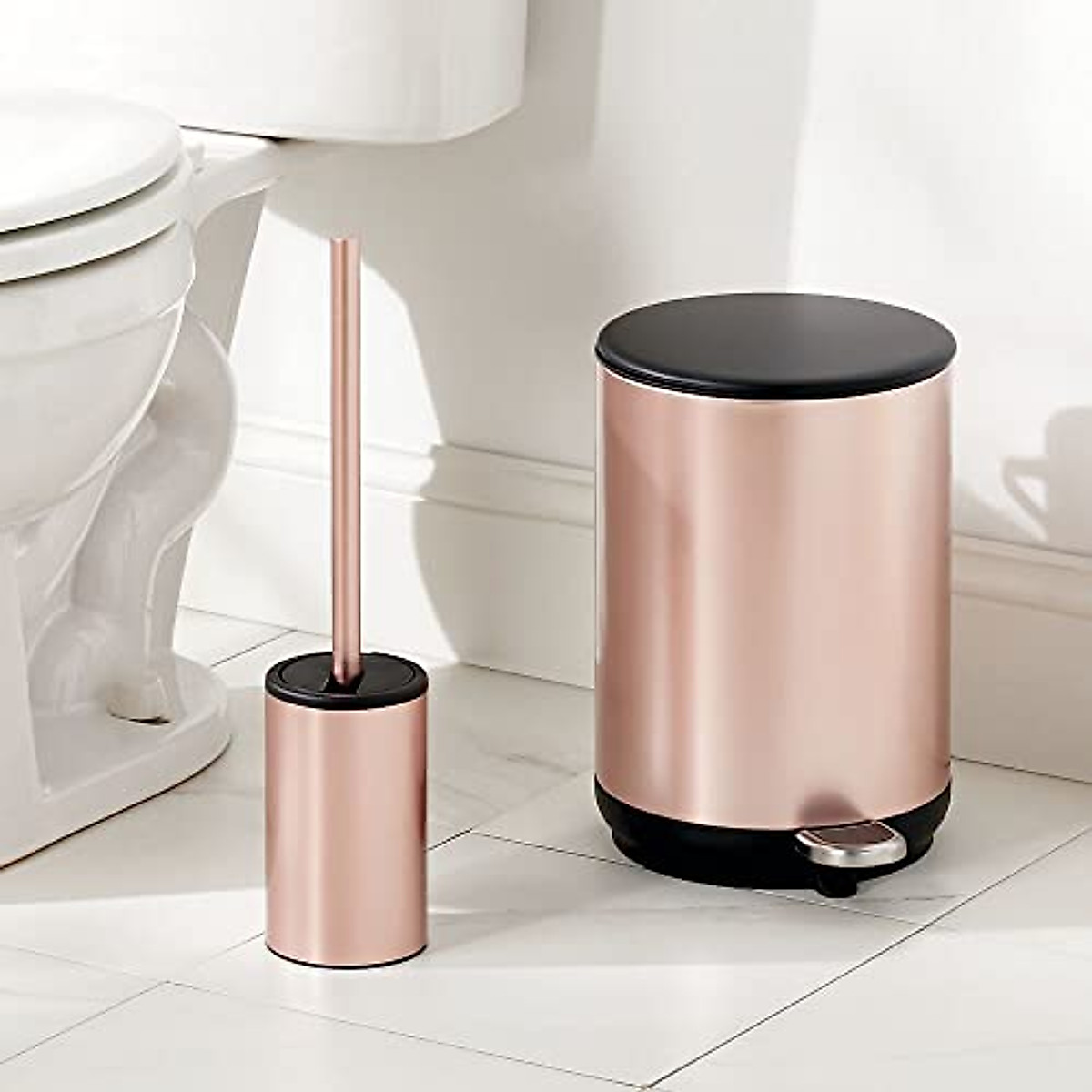 mDesign Slim Stainless Steel Toilet Bowl Brush and Holder + Round Gallon Step Garbage Can Wastebasket Bin for Bathroom Cleaning/Storage - Holder for Garbage and Waste - Set of 2 - Rose Gold/Black