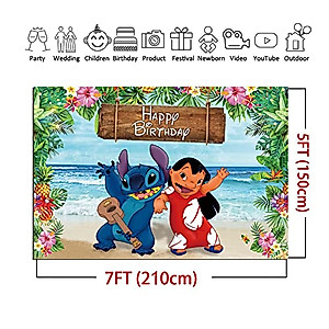 Tropical Luau Summer Beach Ocean Photo Backdrops Cartoon Photography Background for Kids Happy Birthday Dessert Table Top Summer Aloha Luau Party Decoration Banner 7x5ft