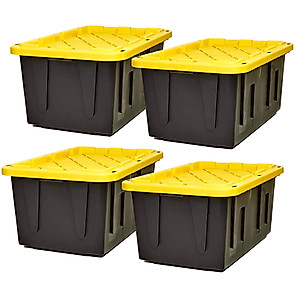 HOMZ 15-Gallon Durabilt Plastic Stackable Storage Organizer Container w/Snap Lid and Hasps for Tie-Down Straps or Locks, Black/Yellow (4 Pack)