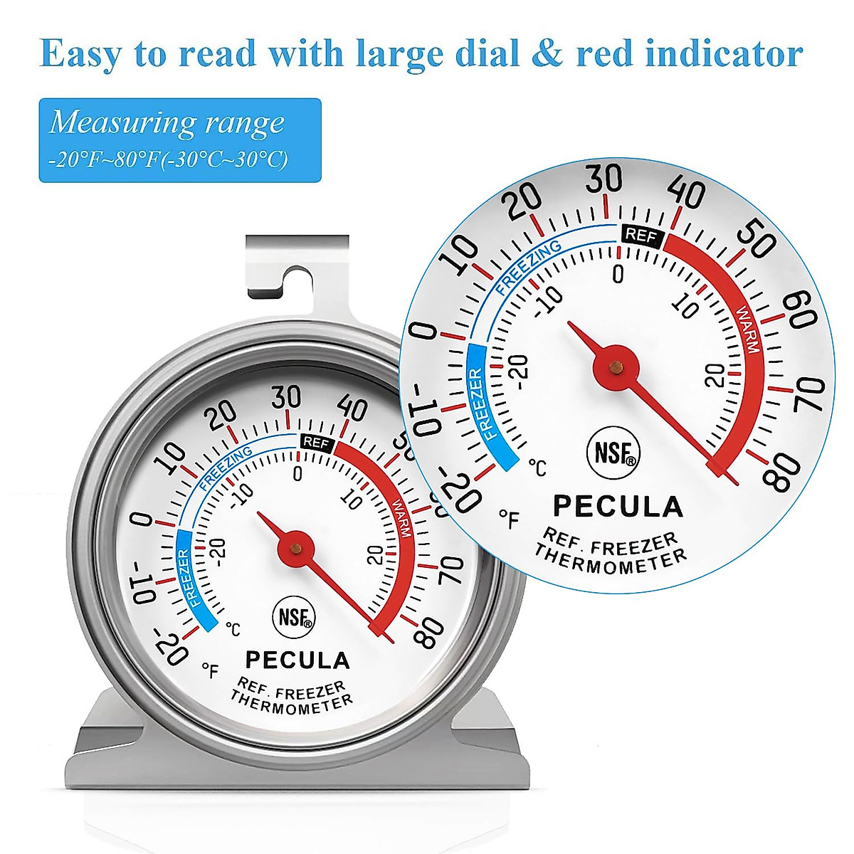 PECULA Refrigerator Thermometer Large Dial, Freezer Thermometer -30-30 Deg ℃/-20-80 Deg ℉, Fridge Thermometer by Stainless Steel, Thermometer for Fridge Suitable for Refrigerators and Freezers