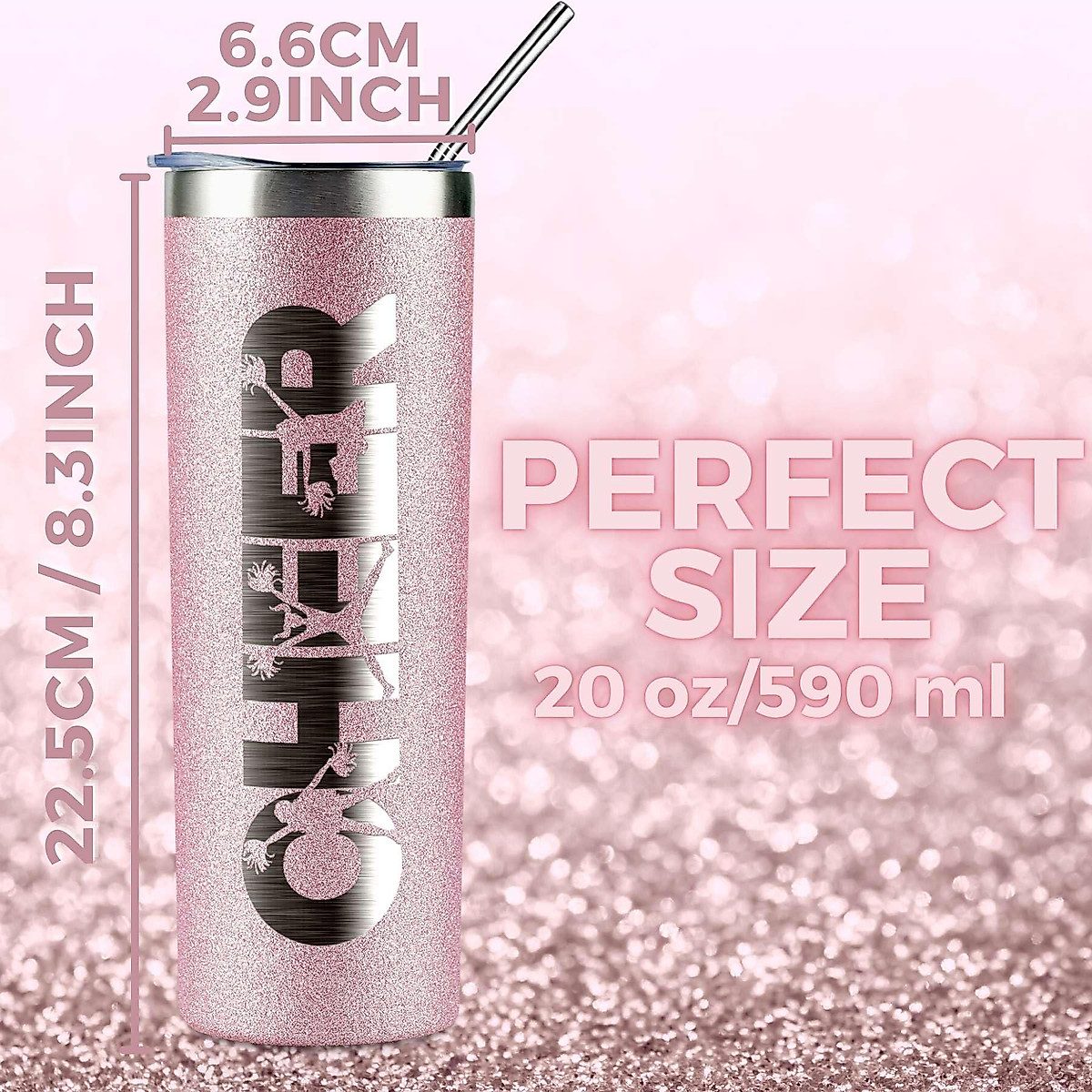 Onebttl Cheerleader Glitter Tumbler Gifts For Girls - Cheer - 20oz/590ml Stainless Steel Insulated Tumbler with Straw, Lid - Gift for Cheerleading, Coach or Cheer Squad - (Rose gold)