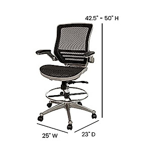 Flash Furniture Mid-Back Transparent Black Mesh Drafting Chair with Graphite Silver Frame and Flip-Up Arms