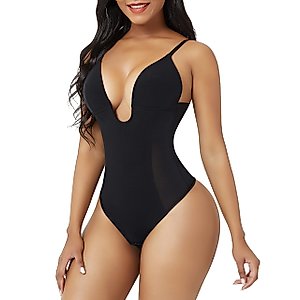 FeelinGirl Shaperwear for Women Tummy Control Panty Waist Girdles Corset Body Shaper Deep V-Neck Bodysuits Tops Black XXL