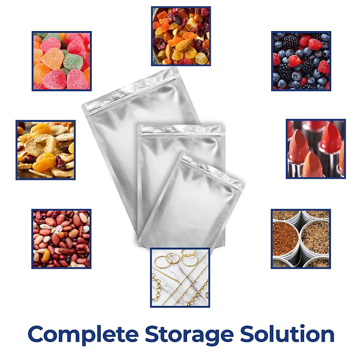 MAGOR 100 pcs Mylar Bags for Food Storage with Oxygen Absorbers +Labels ,1 Gallon 10x15(25pcs),1Quart 7x10(35pcs),small 4x6(40pcs) Stand Up Zipper Resealable Bags heat sealable for long term storage