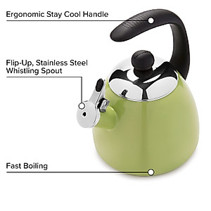 Farberware Bella Water Kettle, Whistling Tea Pot, Works For All Stovetops, Porcelain Enamel on Carbon Steel, BPA-Free, Rust-Proof, Stay Cool Handle, 2.5qt (10 Cups) Capacity (Apple)