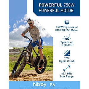 Hiboy P6 Electric Bike for Adults, 28MPH 62.1Miles Range 750W Motor 48V 13Ah Removable Battery Ebike, 26” x 4.0" Fat Tire Electric Mountain Bicycle, Shimano 9 Speed, Hydraulic Suspension, UL Certified