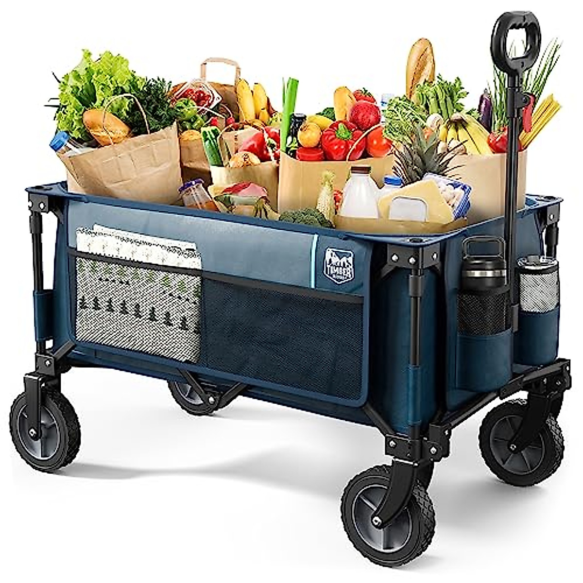 TIMBER RIDGE Heavy Duty Collapsible Wagon Cart with Side Pocket and Cup Holders, Folding Utility Wagon for Garden, Sports, Shopping and Camping, Navy