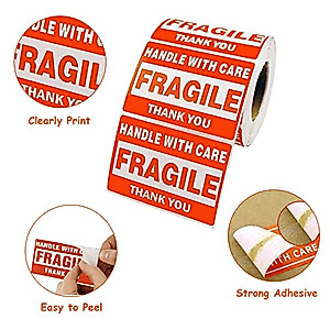 SJPACK 500 Fragile Stickers 1 Roll 2" x 3" Fragile - Handle with Care - Thank You Shipping Labels Stickers (500 Labels/Roll)