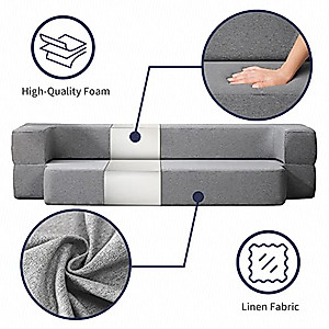 ZAFLY Twin Folding Sofa Couch Bed,8.6" Flip Out Sofa Bed,Convertible Sleeper Sofa Bed,Comfy Floor Couch Bed,Futon Sofa Bed Memory Foam Mattress,Linen Fabric Small Couches for Small Spaces,Light Grey