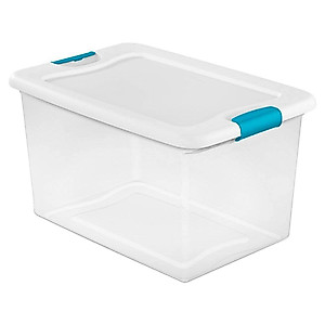 Sterilite 64 Qt Latching Storage Box, Stackable Bin with Latch Lid, Plastic Container to Organize Clothes in Closet, Clear with White Lid, 6-Pack