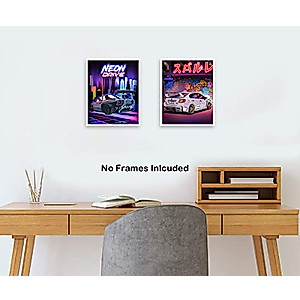 Tokyo Street Racing Wall Art Prints, Japanese Wall Art Modern Urban Neon Posters, Tokyo Skyline Mount Fuji Car Canvas Art Painting for Living Room Boys Room Wall Decor, Set of 6 - (8"x10" Unframed)