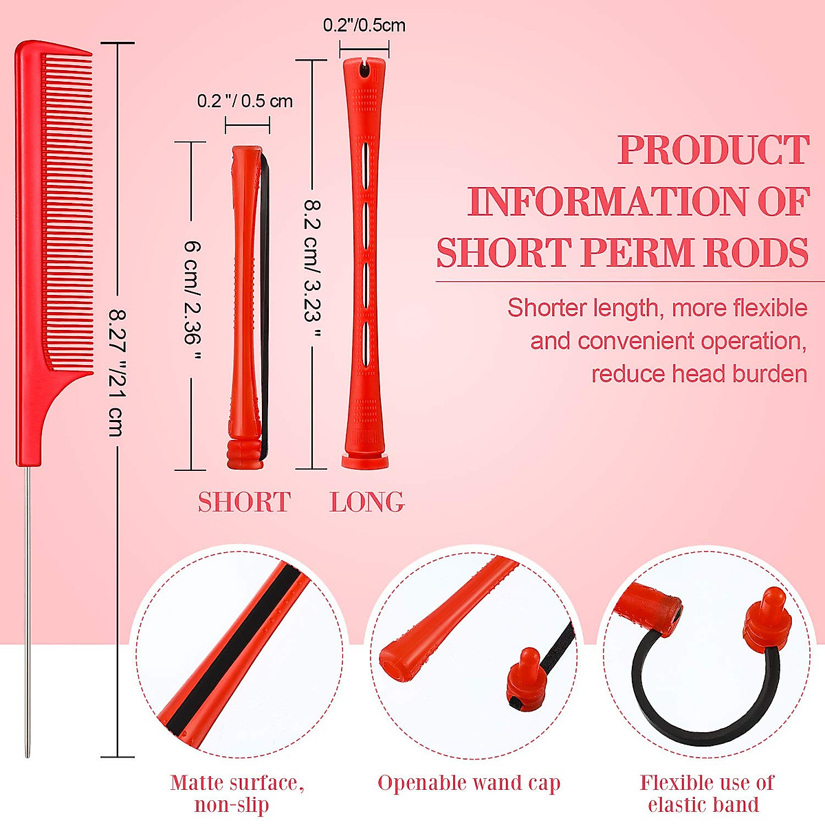60 Pieces Short Hair Perm Rods Plastic Cold Wave Perming Rods Hair Curling Rollers Curlers with Steel Pintail Comb Rat Tail Comb for Hairdressing Styling Supplies(0.2 Inch,Red)