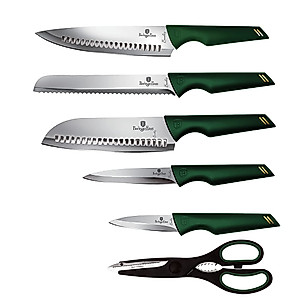 Berlinger Haus Kitchen Knife Set with Block, 7 Piece Knives Set for Kitchen, Modern Cooking Knives with Kitchen Shears, Sharp Cutting Stainless Steel Chef Knife Set with Mobile Stand, Green