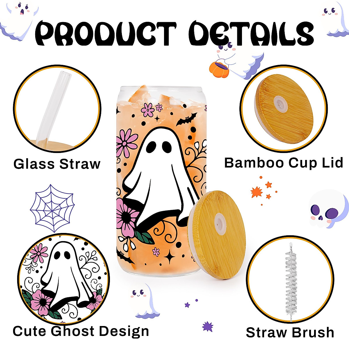 ONEVIVE Halloween Glass Cups with Lids Straws, Spooky Ghost Pumpkin Drinking Glasses, Cute 16oz Can Shaped Flower Tumbler Iced Coffee Cup Gifts for Women (Purple)