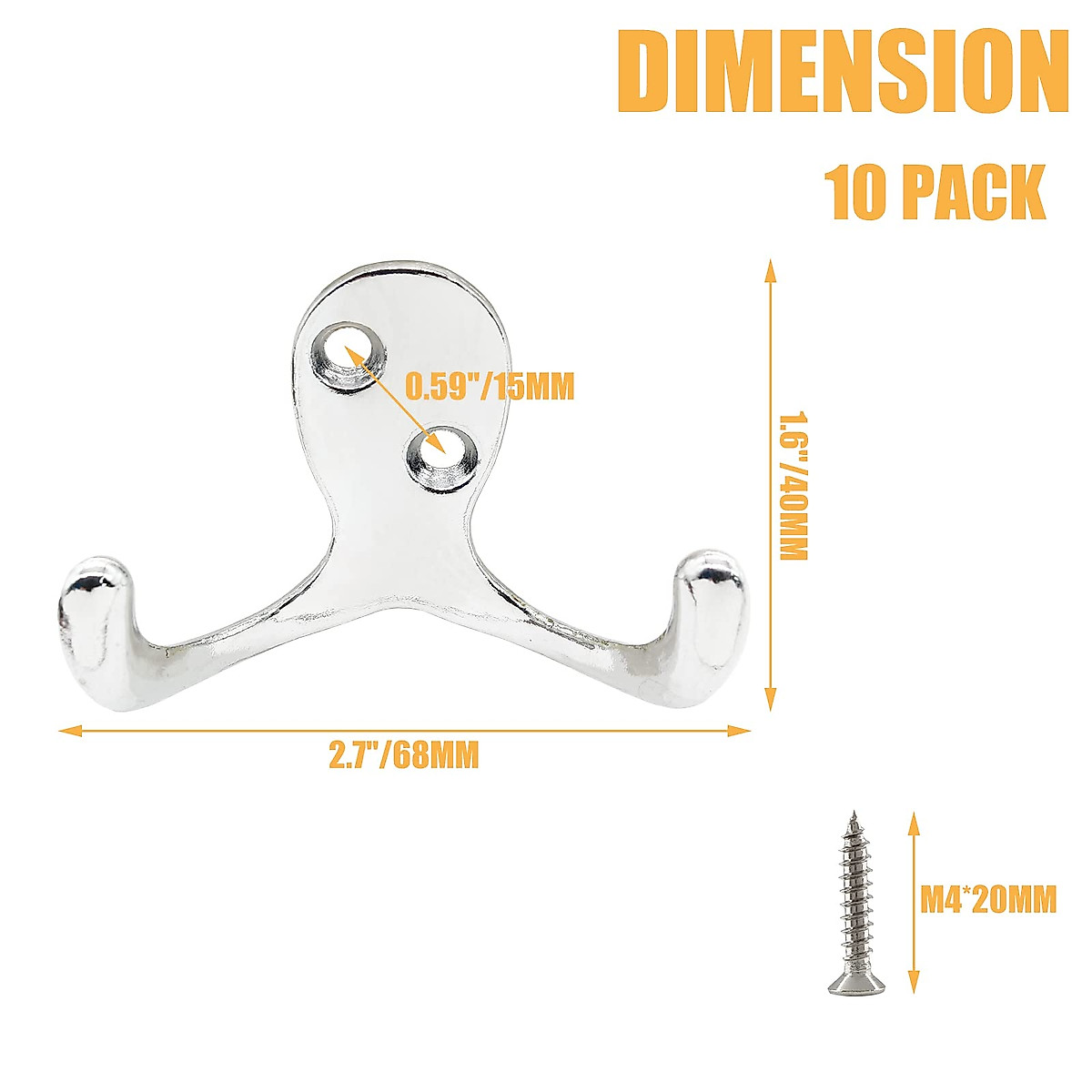 suiwotin 10pcs Coat Hooks, Heavy Duty Wall Hook, Double Prong Robe Hook Wall Mount Hanging Hooks for Closet Clothes, Coat, Bag, Scarf, Towel, Hat, Cap, Key (Chrome)
