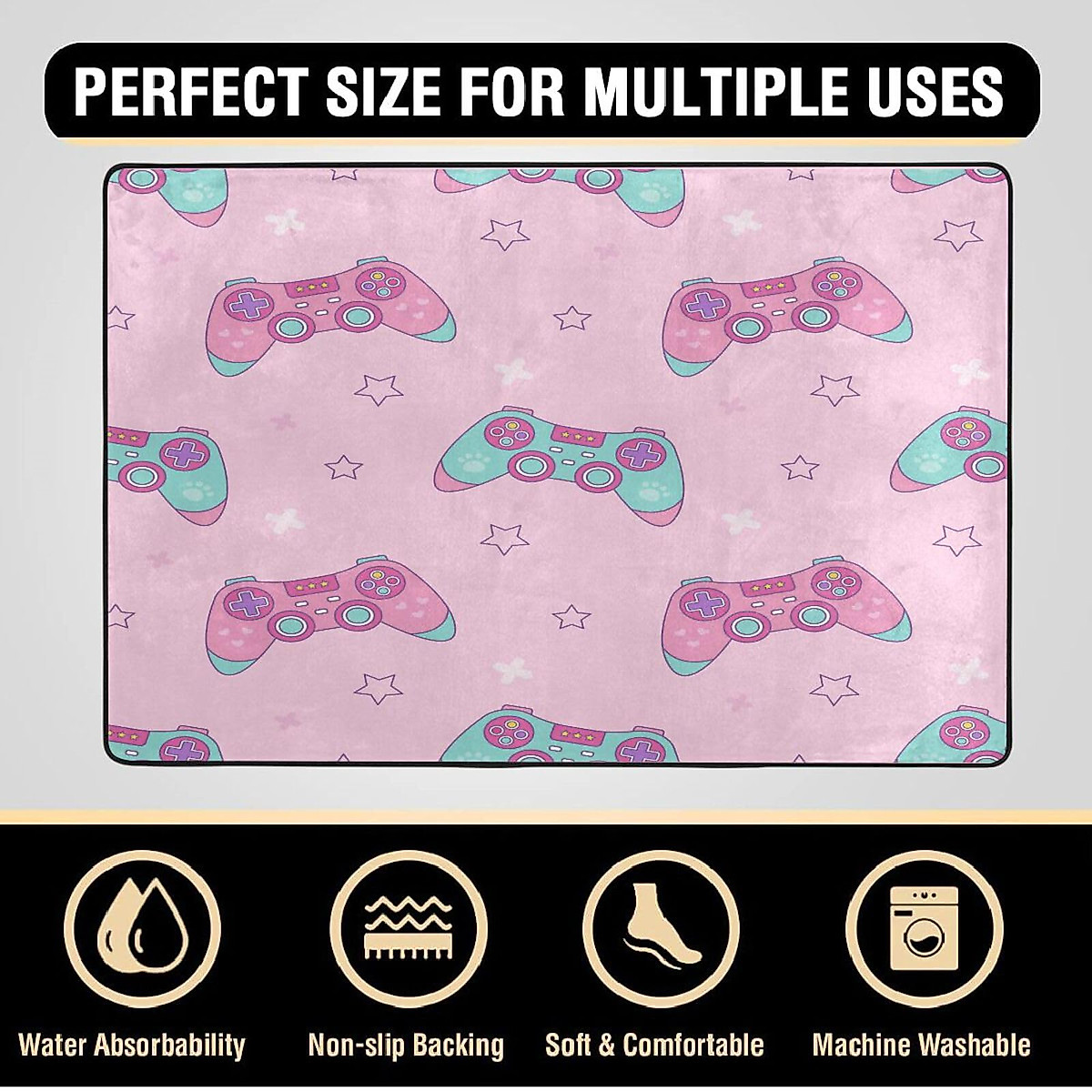 Gamepad Joystick Pink Area Rug 4x6 Stars Cute Non Slip Large Rugs for Living Room Bedroom Absorbent Washable Carpet with Rubber Backing Indoor Outdoor for Dorm Backyard Patio