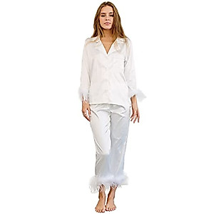 Queens Bridal Feather Trim Pajama Set for Women Satin Silk Long Sleeve Top With Pants Sleepwear Button Down S To XXL (White, Small)