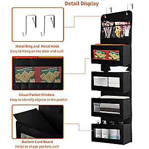 2 Pack Over Door Hanging Organizer, Boczif 5-Shelf Wall Mount Storage with 4 Large Pocket and Mesh Clear Window, Closet Door Organizer for Bathroom,Pantry,Closet,Dorm,Toys,Kitchen, Cosmetics (2-Black)