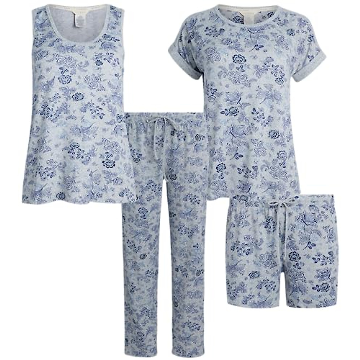 Lucky Brand Women's Pajama Set - 4 Piece Short Sleeve Shirt, Tank Top, Sleep Pants, Lounge Shorts, Size Large, Mini Denim Floral