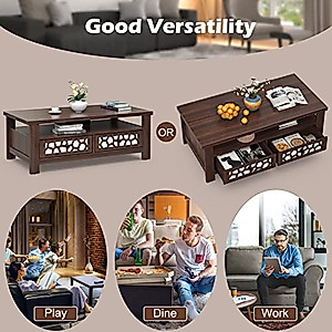 Giantex 3-Tier Coffee Table, 47" Rectangular Center Table w/Acrylic Mirror Design, Wooden Table w/Large Tabletop, Open Shelf, 2 Drawers & 5 Support Legs, Accent Living Room Furniture (Brown)