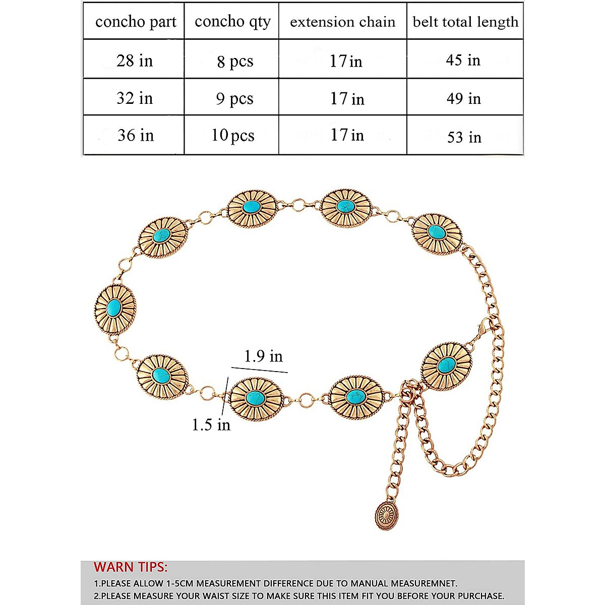 BEMYLV Turquoise Concho Belts for Women Western Gold Cowgirl Metal Belt Boho Waist Chains Dresses Jeans