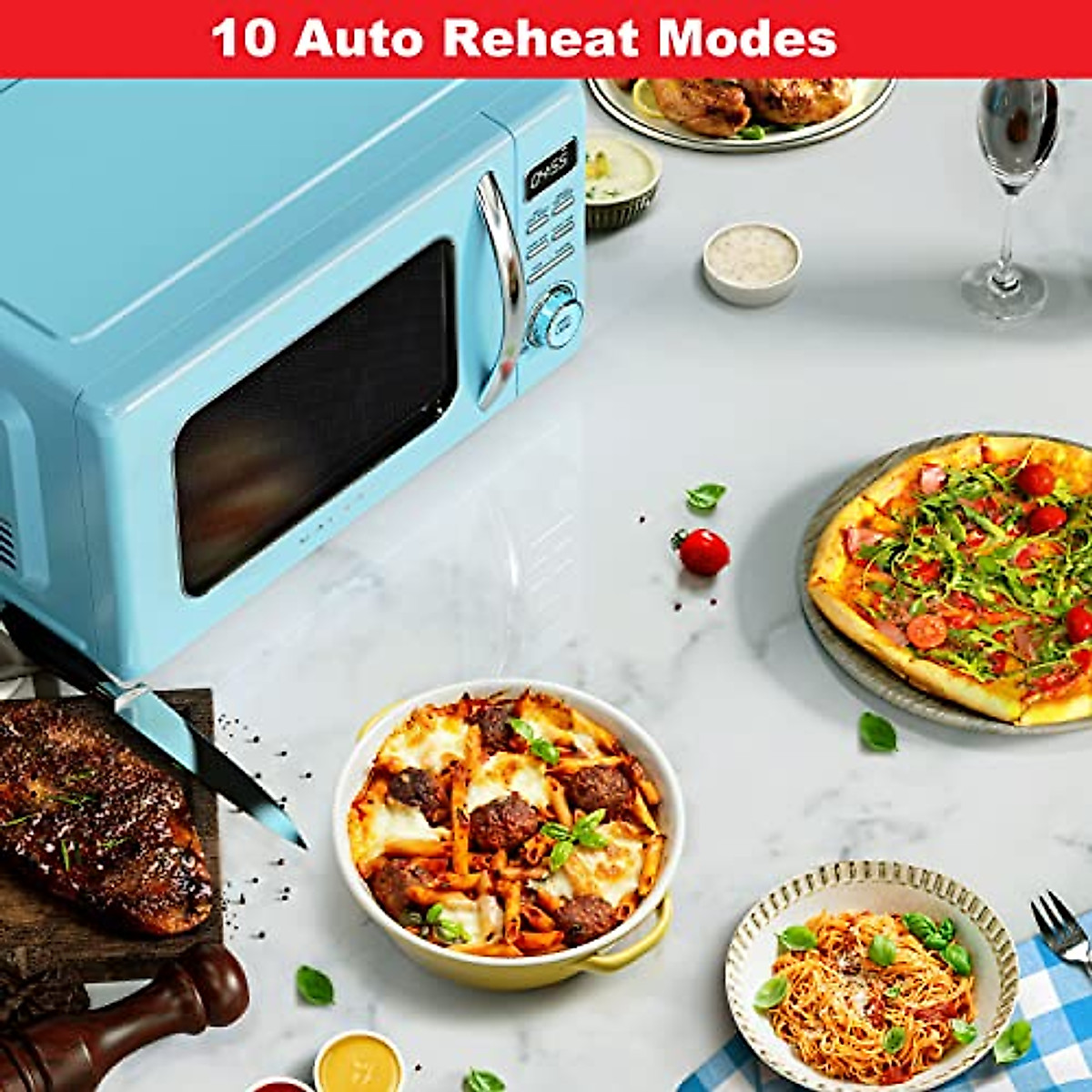 Galanz GLCMKZ07BER07 Retro Countertop Microwave Oven with Auto Cook & Reheat, Defrost, Quick Start Functions, Easy Clean with Glass Turntable, Pull Handle.7 cu ft, Blue