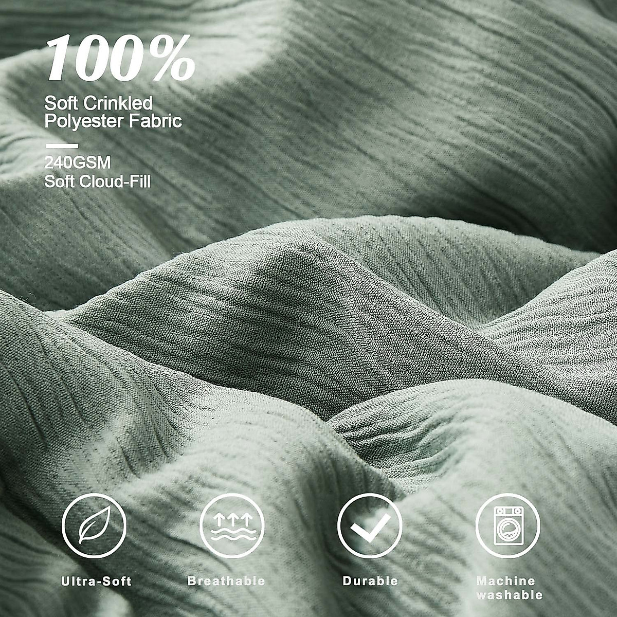 MaiRêve Sage Green Comforter King Size, King Size Comforter Set Crinkle Design, All Season Comfortable King Bedding Set 7 Pieces with Sheets, Comforter, Pillowcases & Shams (King, 102"x90")