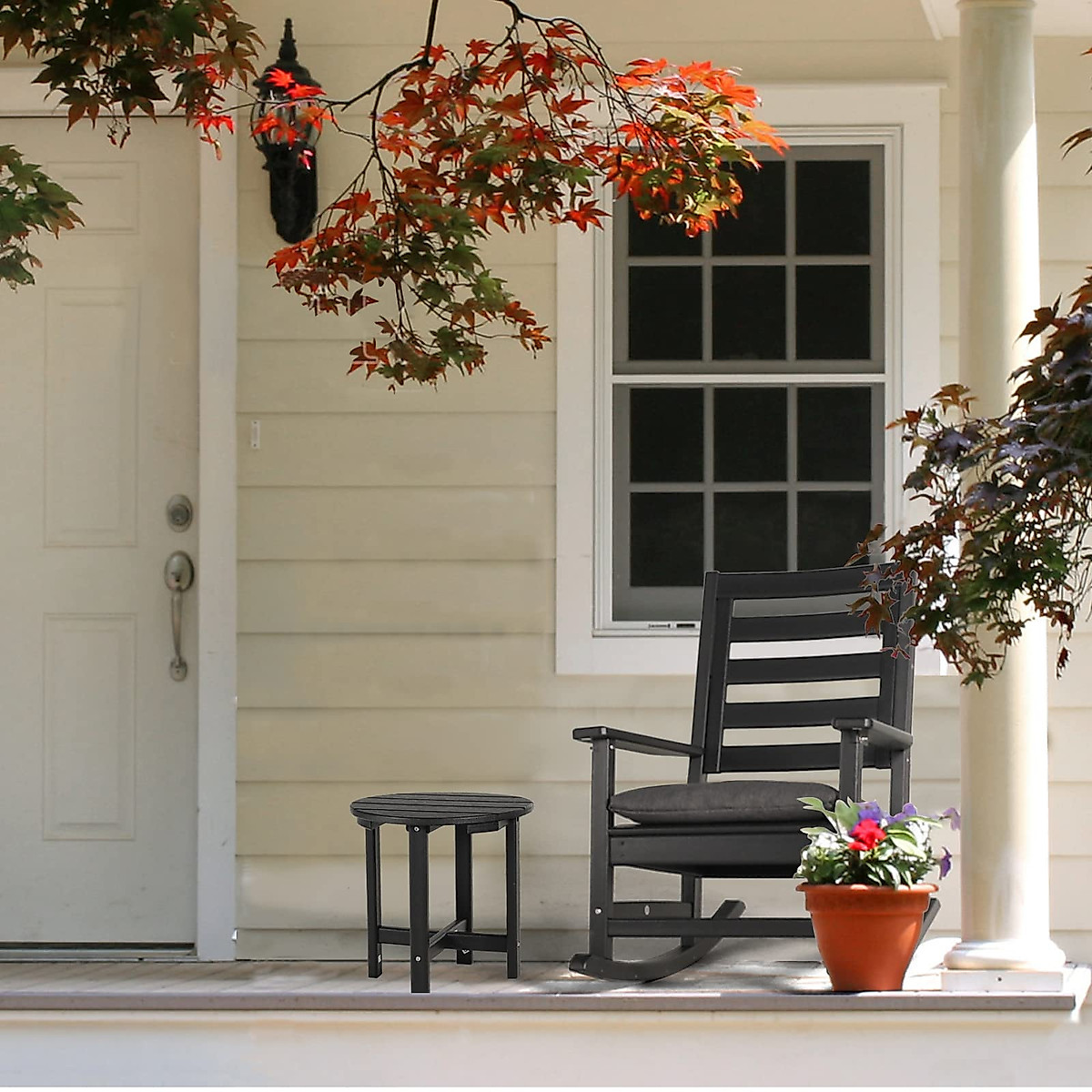 HOPUBUY Patio Rocking Chair Outdoor with Cushion, HDPE Patio Rocking Chair, All Weather Resistant Rocker Chair for Porch Garden Yard Living Room, Black with Table