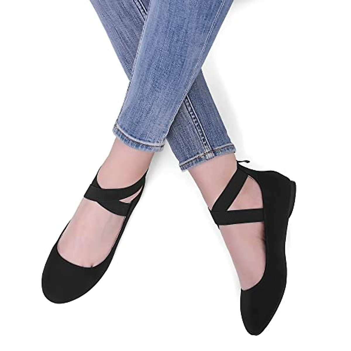 DREAM PAIRS Women's Sole_Stretchy Black Fashion Elastic Ankle Straps Flats Shoes Size 10 M US
