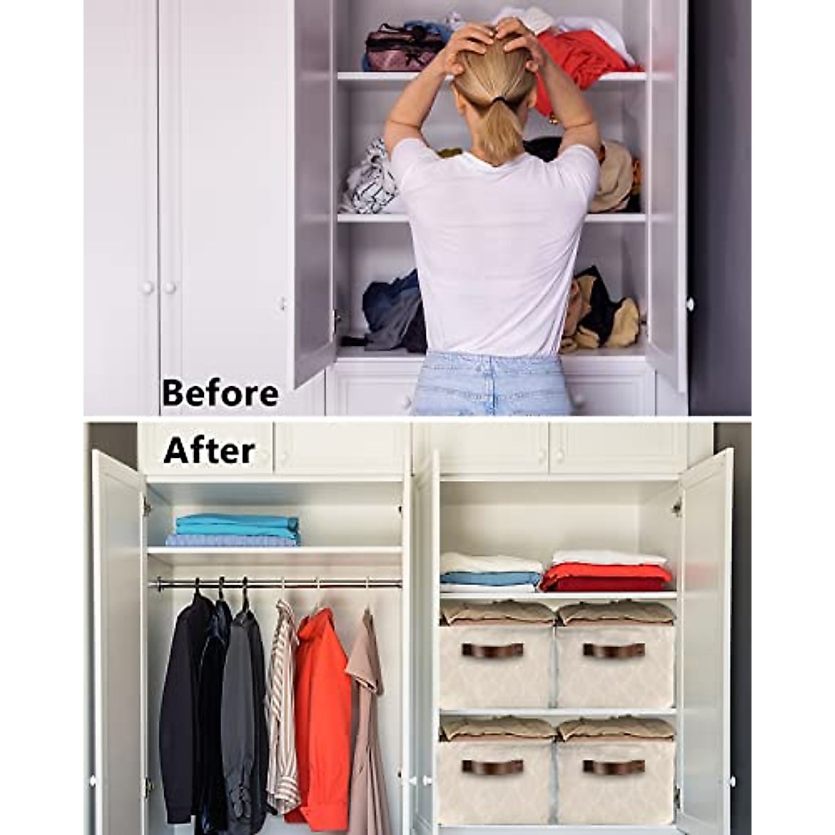 Storage Baskets for Organizing, Toy Box Chest Long Wavy Pattern on Brown Texture Foldable Cube Storage Bin with 2 Leather Handles Set of 2