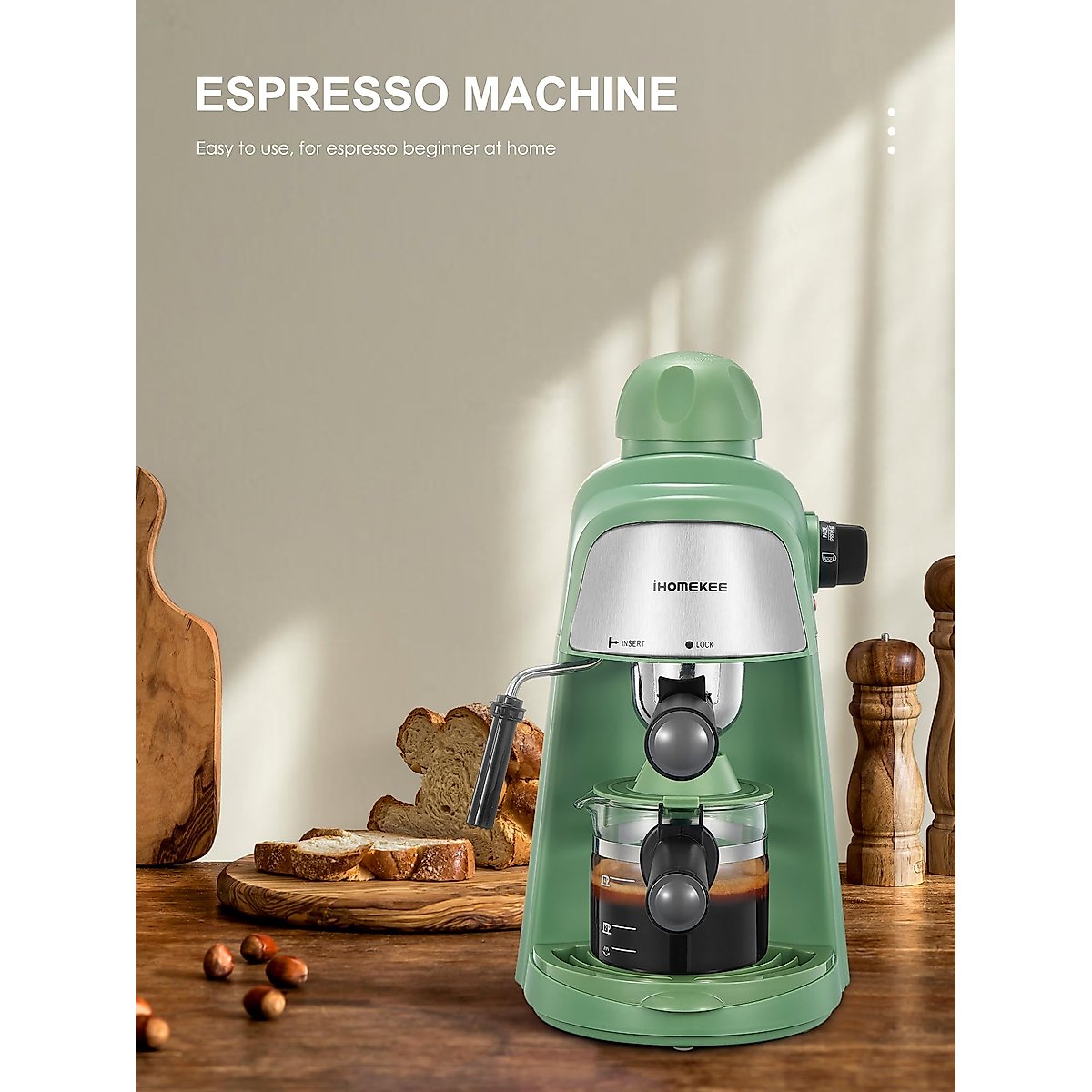 Ihomekee Espresso Machine, 3.5Bar Espresso and Cappuccino Machine with Fast Heating Function, 1-4 Cups Coffee Maker with Milk Frothing Function and Steam Wand (Green)