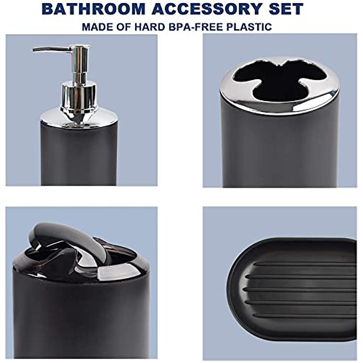 CERBIOR Bathroom Accessories Set 6 Piece Bath Ensemble Includes Soap Dispenser, Toothbrush Holder, Toothbrush Cup, Soap Dish for Decorative Countertop and Housewarming Gift, Black